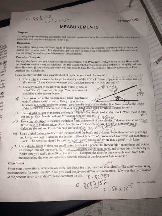 PHYSICS LAB MEASUREMENTS Purpose: By using simple | Chegg.com