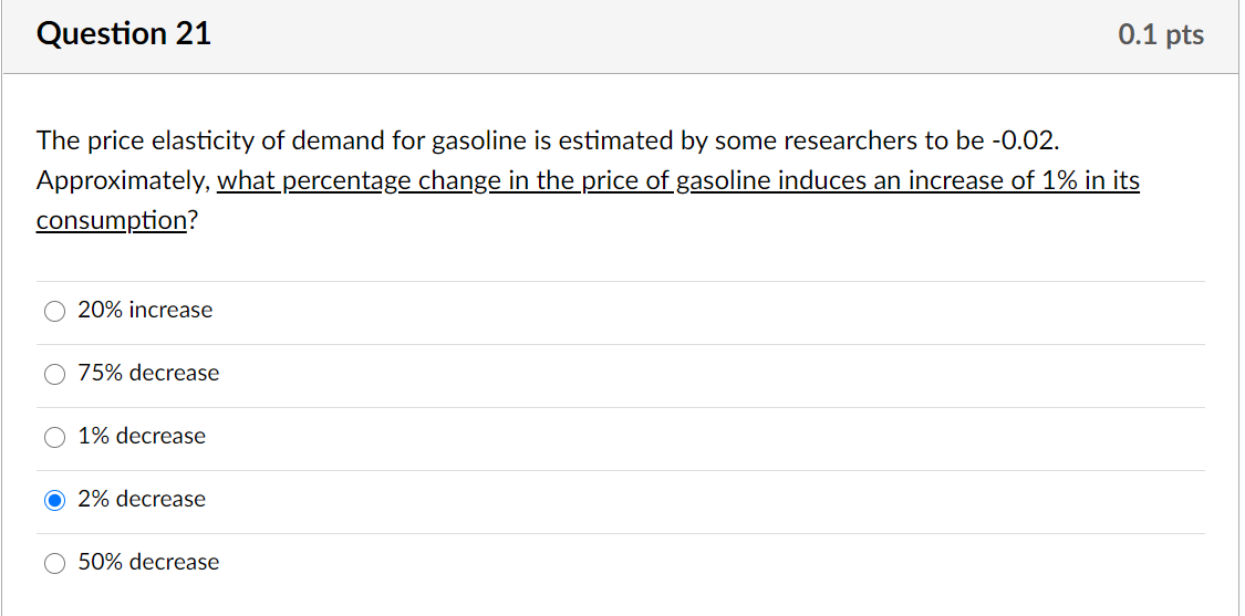 Solved Question 21 0.1 pts The price elasticity of demand | Chegg.com