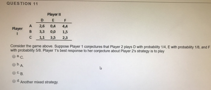 Solved QUESTION 11 Player II E D F A 2,6 0A 4A Player B 3,3 | Chegg.com