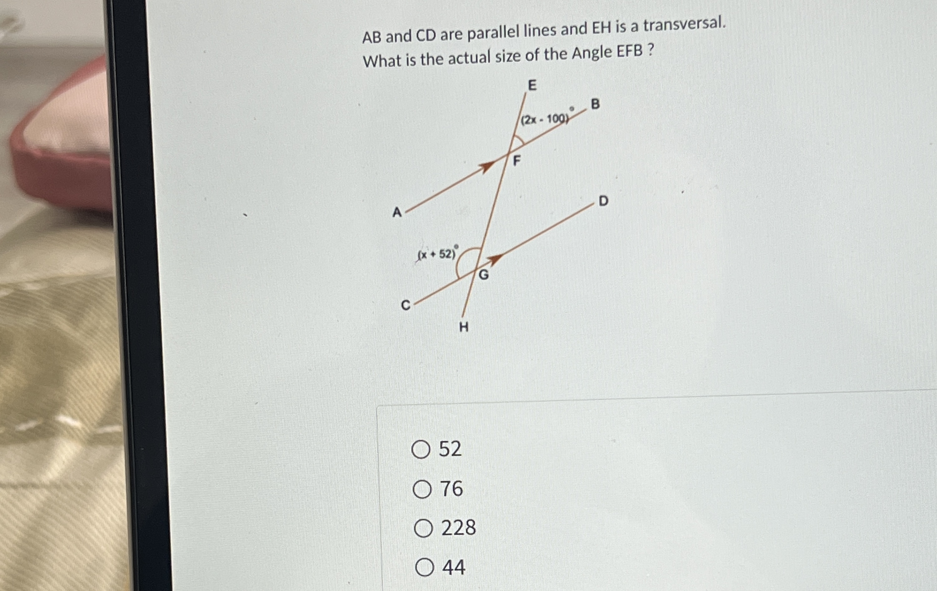 Solved AB ﻿and CD ﻿are parallel lines and EH ﻿is a | Chegg.com