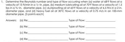 Solved 1. Determine the Reynolds number and type of flow | Chegg.com