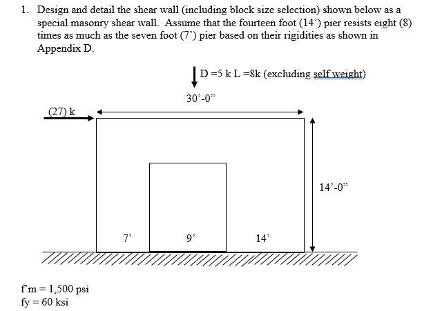 Solved 1. Design and detail the shear wall (including block | Chegg.com