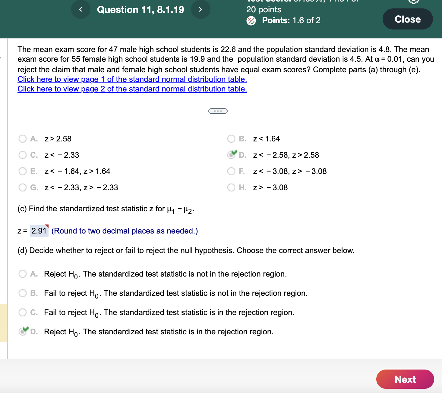 Solved The mean exam score for 47 male high school students | Chegg.com