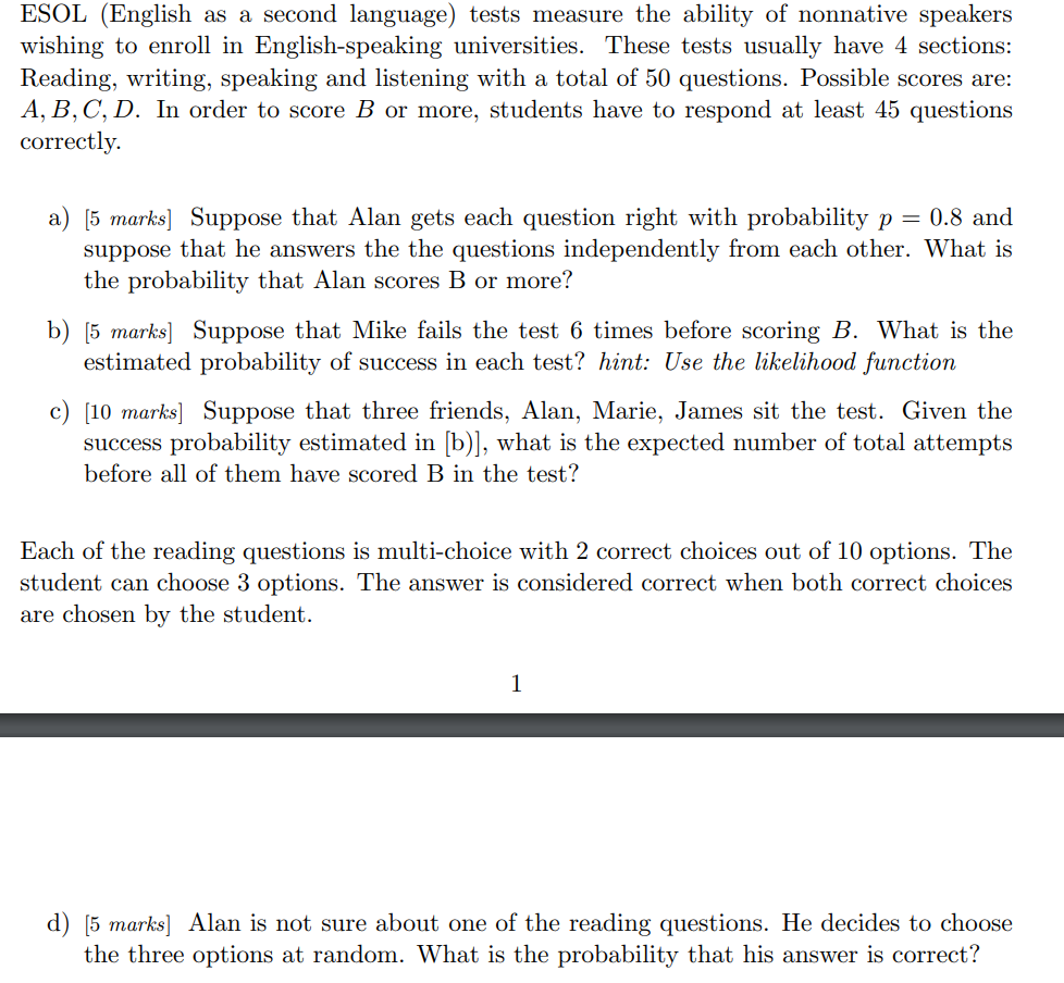 Solved ESOL (English as a second language) tests measure the | Chegg.com