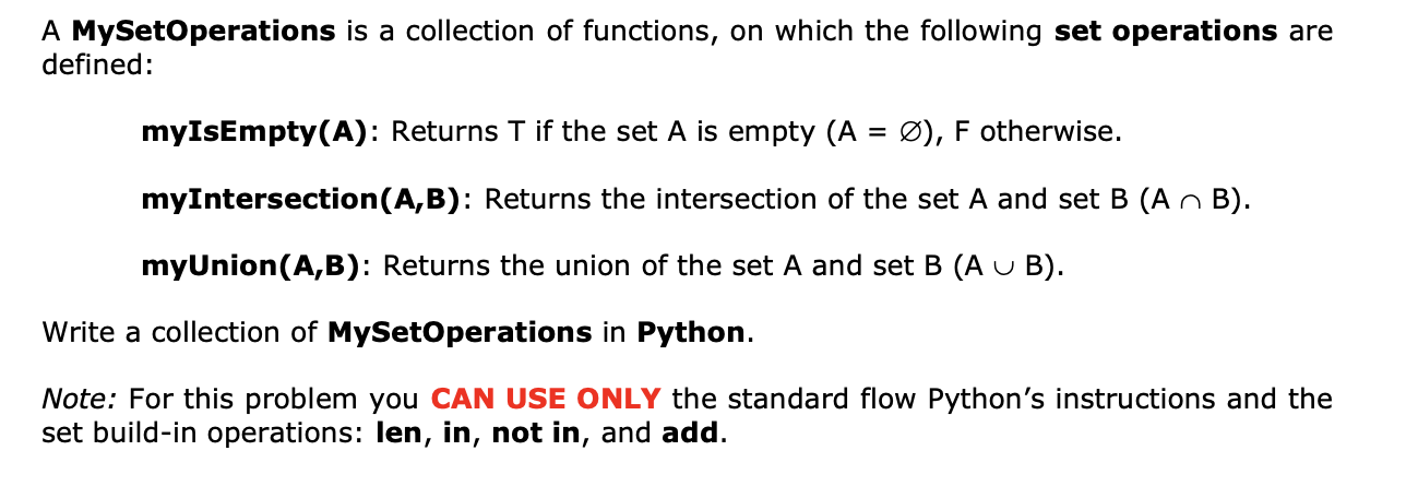 Solved A MySetOperations is a collection of functions, on | Chegg.com