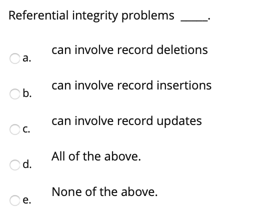 Solved Referential integrity problems can involve record | Chegg.com