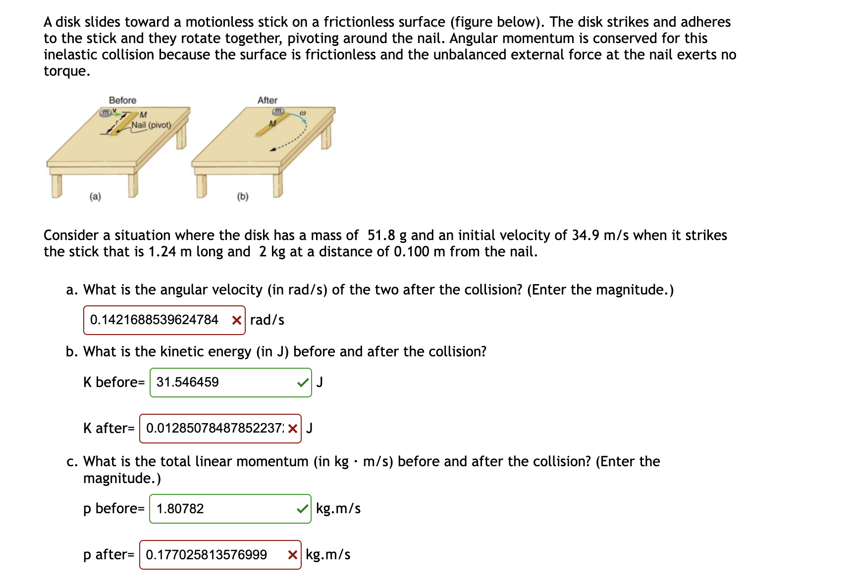 Solved A disk slides toward a motionless stick on a | Chegg.com