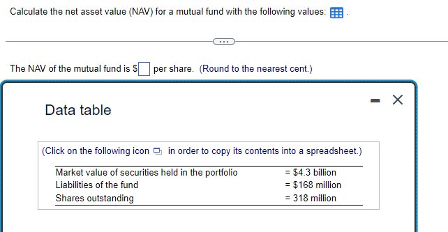 Solved Calculate the net asset value (NAV) for a mutual fund | Chegg.com