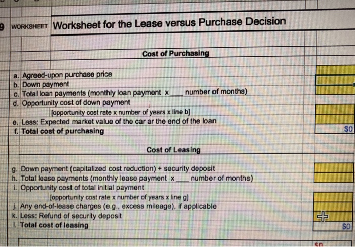 9 WORKSHEET Worksheet for the Lease versus Purchase | Chegg.com