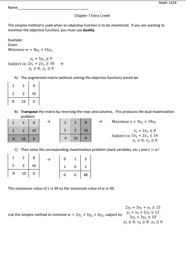 Solved Math 1324 Name Chapter 7 Extra Credit The simplex | Chegg.com