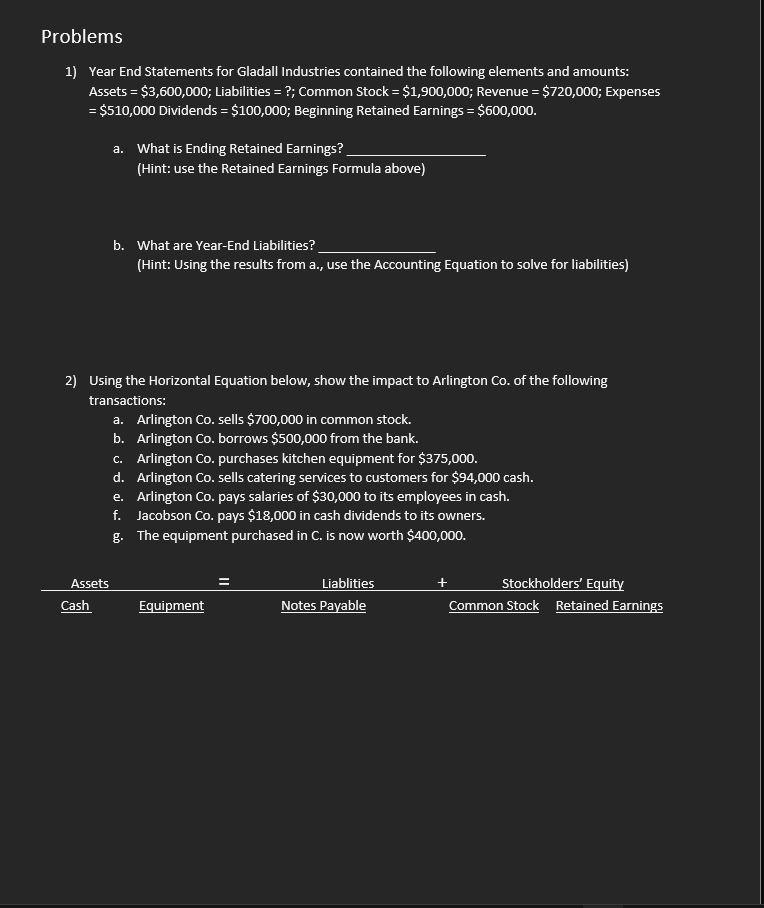 Solved 1) Year End Statements for Gladall Industries | Chegg.com