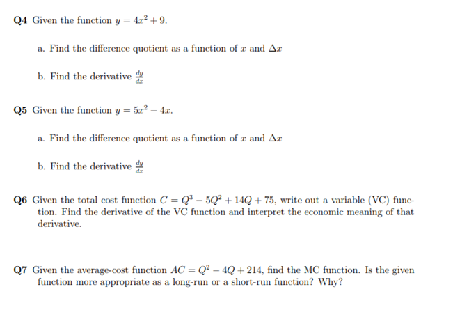 Solved Q4 Given the function y=4x2+9. a. Find the difference | Chegg.com
