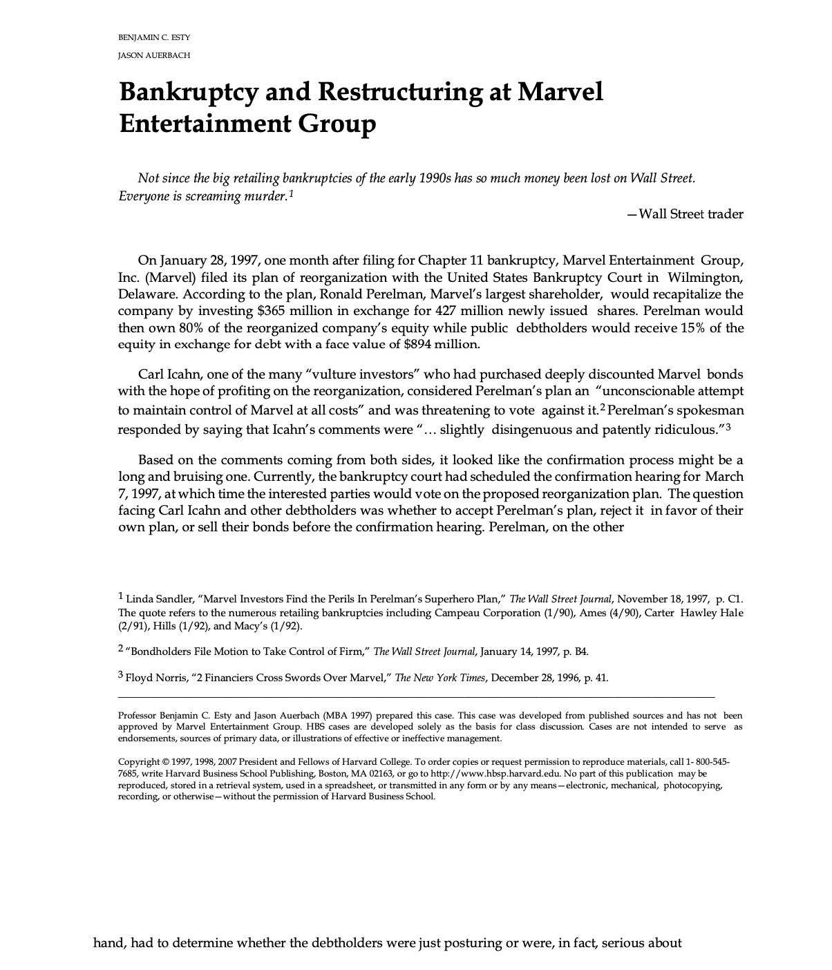 Bankruptcy and Restructuring at Marvel Entertainment | Chegg.com