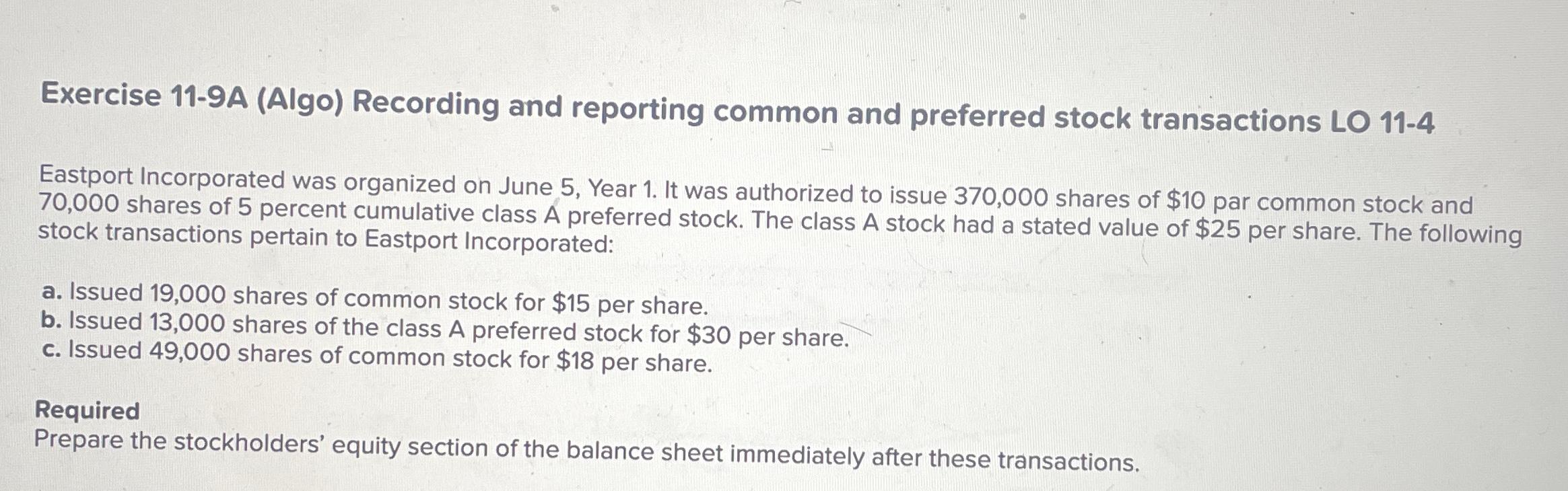 Solved Exercise 11-9A (Algo) Recording and reporting common | Chegg.com