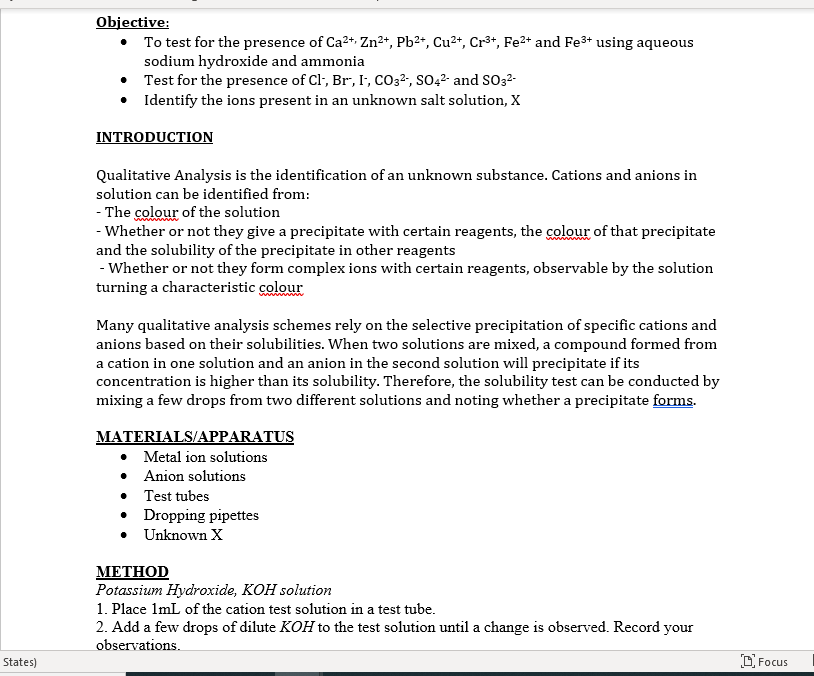 Solved Qualitative Analysis - CHM 1207 Laboratory Exercise | Chegg.com