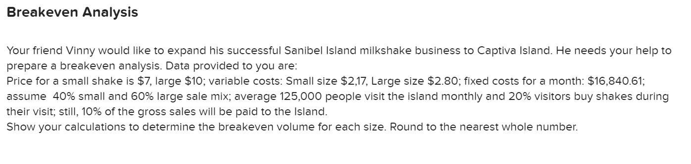 Solved Breakeven Analysis Your friend Vinny would like to | Chegg.com