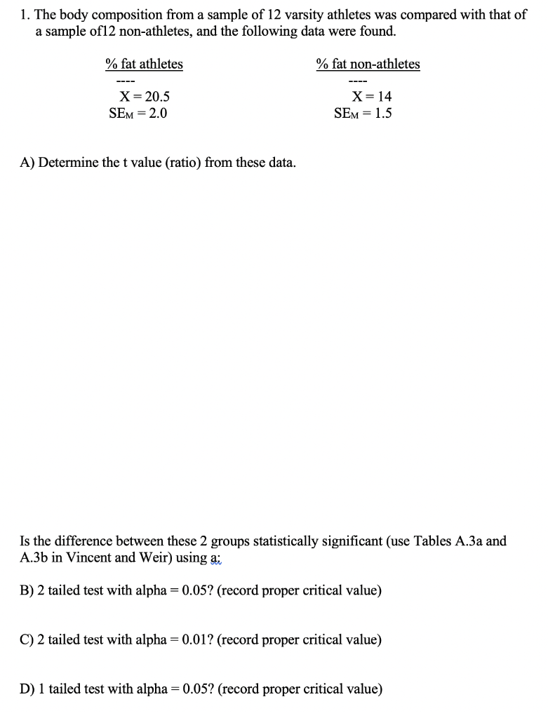 Solved 1. The body composition from a sample of 12 varsity | Chegg.com