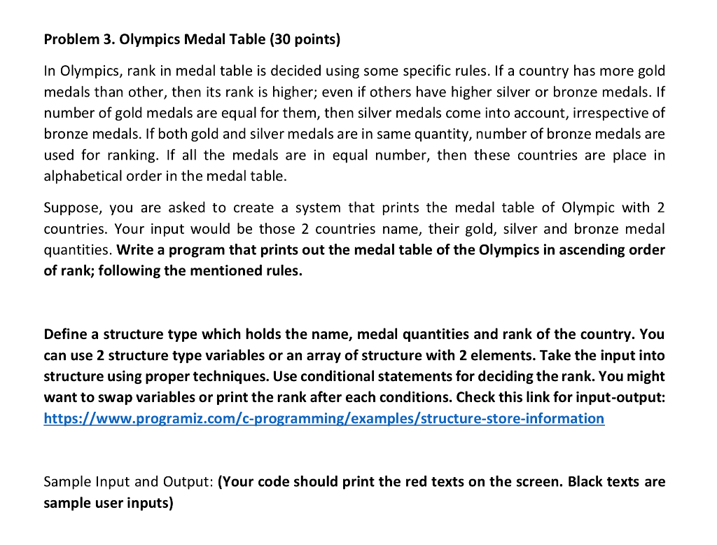 Solved Problem 3. Olympics Medal Table (30 points) In | Chegg.com