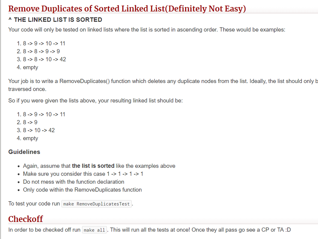 Solved Remove Duplicates of Sorted Linked List(Definitely | Chegg.com