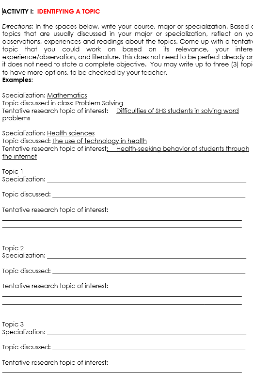 Solved \ACTIVITY I: IDENTIFYING A TOPIC Directions: In the | Chegg.com