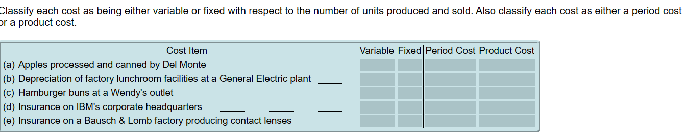 Solved lassify each cost as being either variable or fixed | Chegg.com