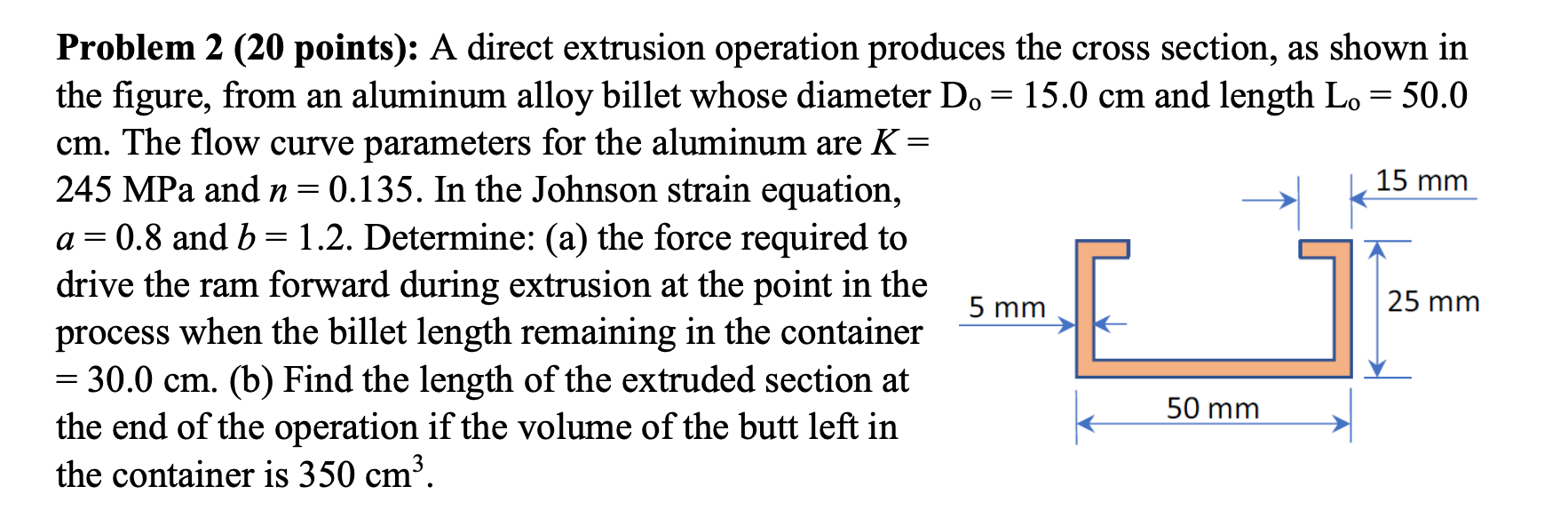 Solved = Problem 2 (20 points): A direct extrusion operation | Chegg.com