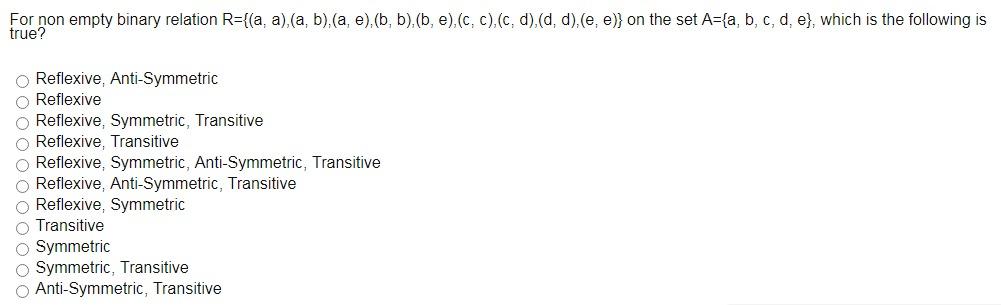 Solved For non empty binary relation R={(a, a),(a, b),(a, | Chegg.com