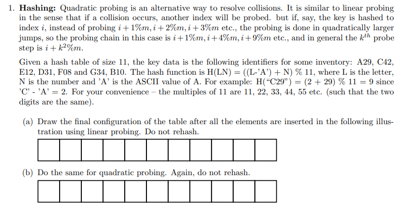 Solved 1. Hashing: Quadratic probing is an alternative way | Chegg.com Solved 1. Hashing: Quadratic probing is an alternative way | Chegg.com