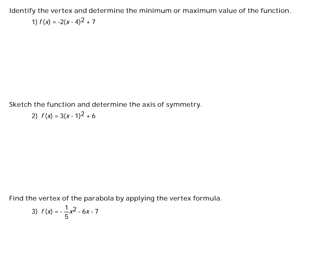 Solved Identify the vertex and determine the minimum or | Chegg.com