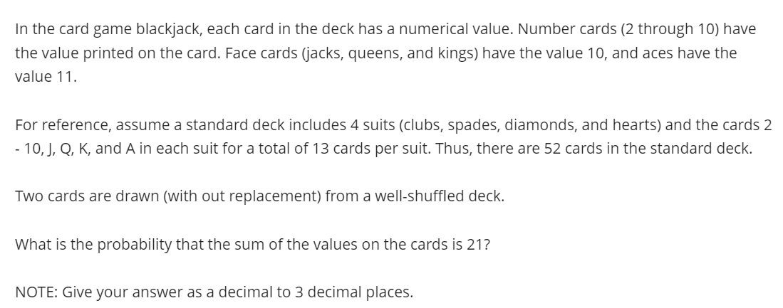 In the card game blackjack, each card in the deck has | Chegg.com