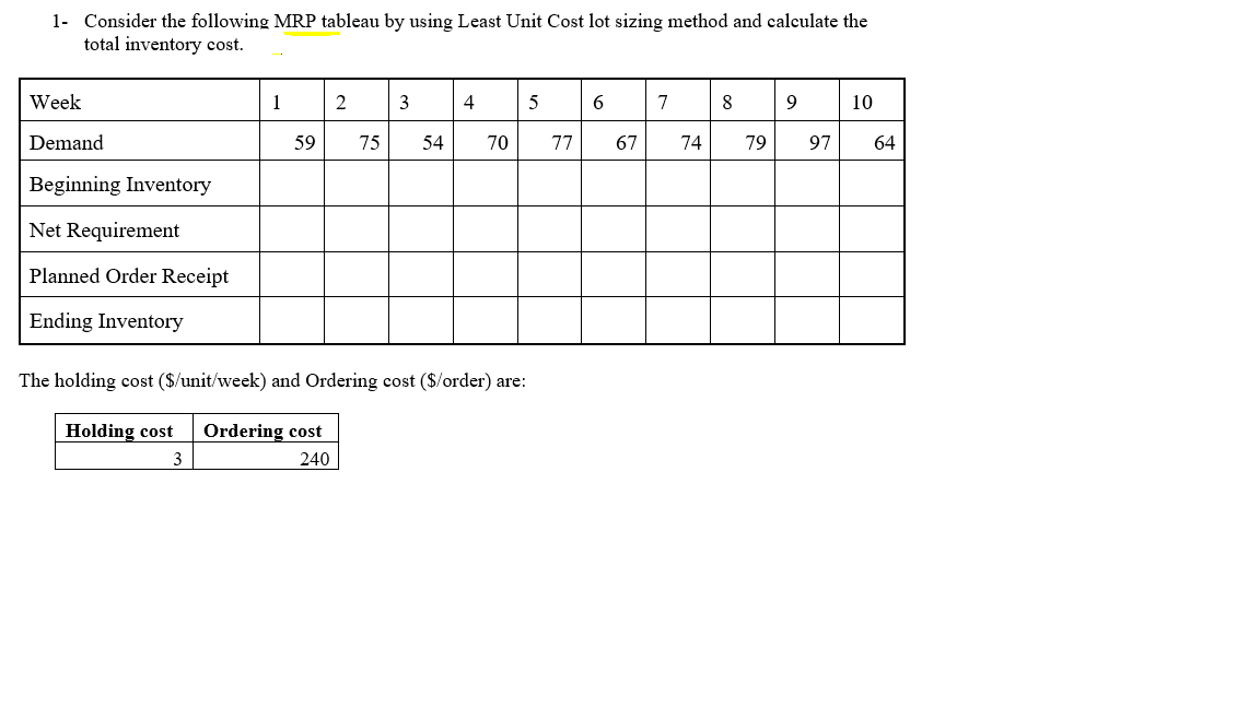 Solved 1. Consider the following MRP tableau by using Least | Chegg.com