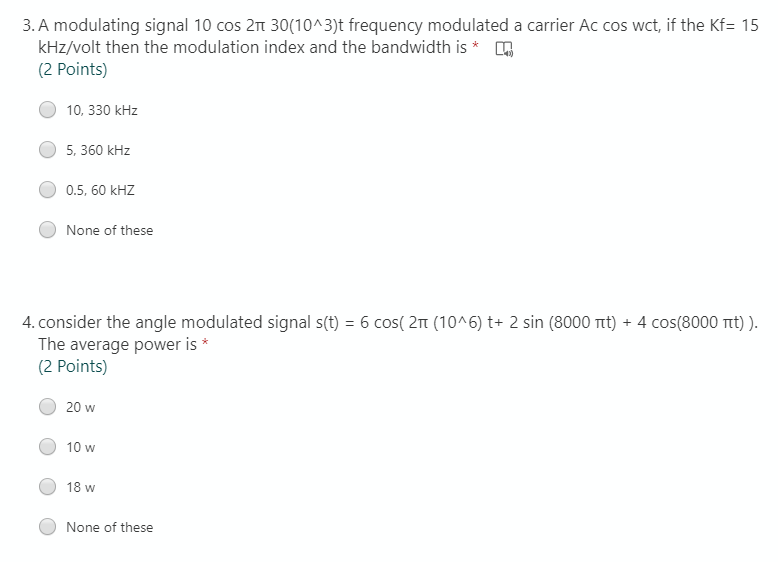 Solved 3.A modulating signal 10 cos 21 30(1043)t frequency | Chegg.com