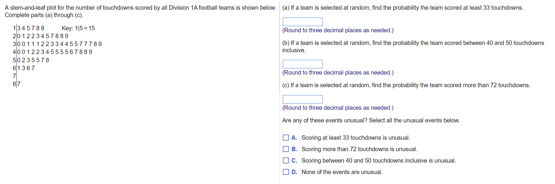Solved A stem-and-leaf plot for the number of touchdowns | Chegg.com