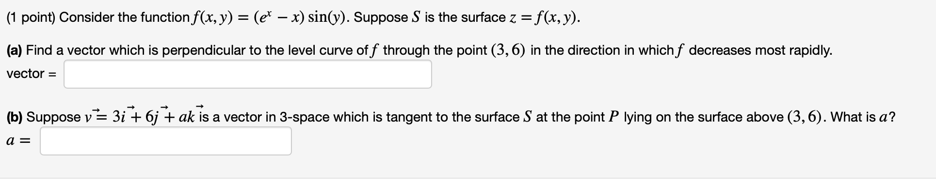 Solved (1 point) Consider the function f(x,y)=(ex−x)sin(y). | Chegg.com