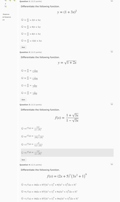 Solved Question 1 (12.5 points) Differentiate the following | Chegg.com