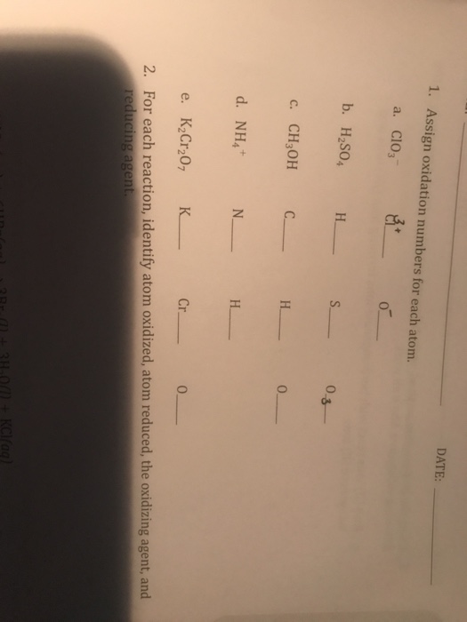 Solved DATE: 1. Assign oxidation numbers for each atom. a. | Chegg.com