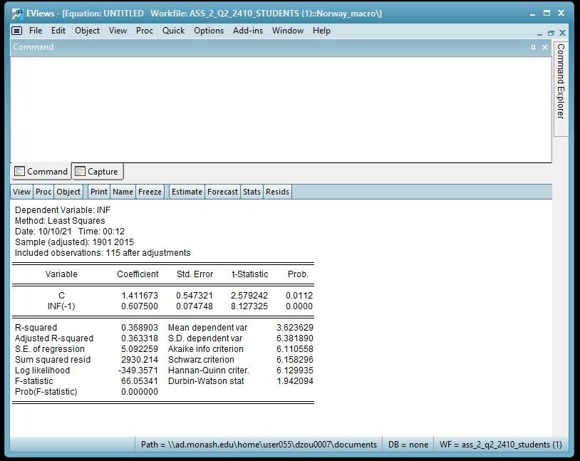 Solved An Eviews workfile containing the data for Question 2 | Chegg.com