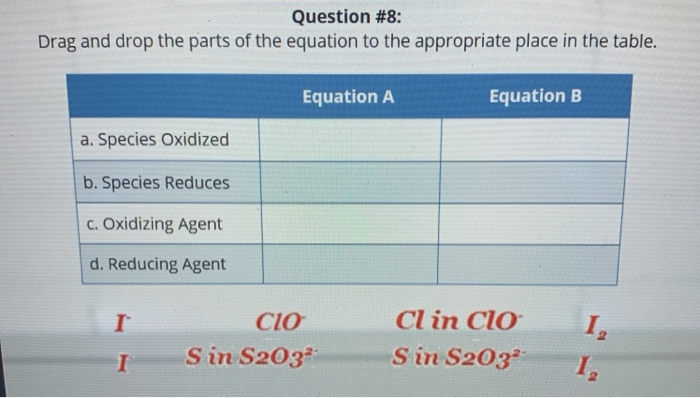 Solved Equation A = ClO- + 2H+ + 2l- --> I2+ Cl- | Chegg.com