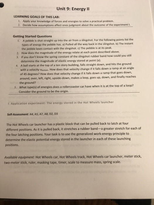 Solved Unit 9: Energy LEARNING GOALS OF THIS LAB: 1. 2. | Chegg.com