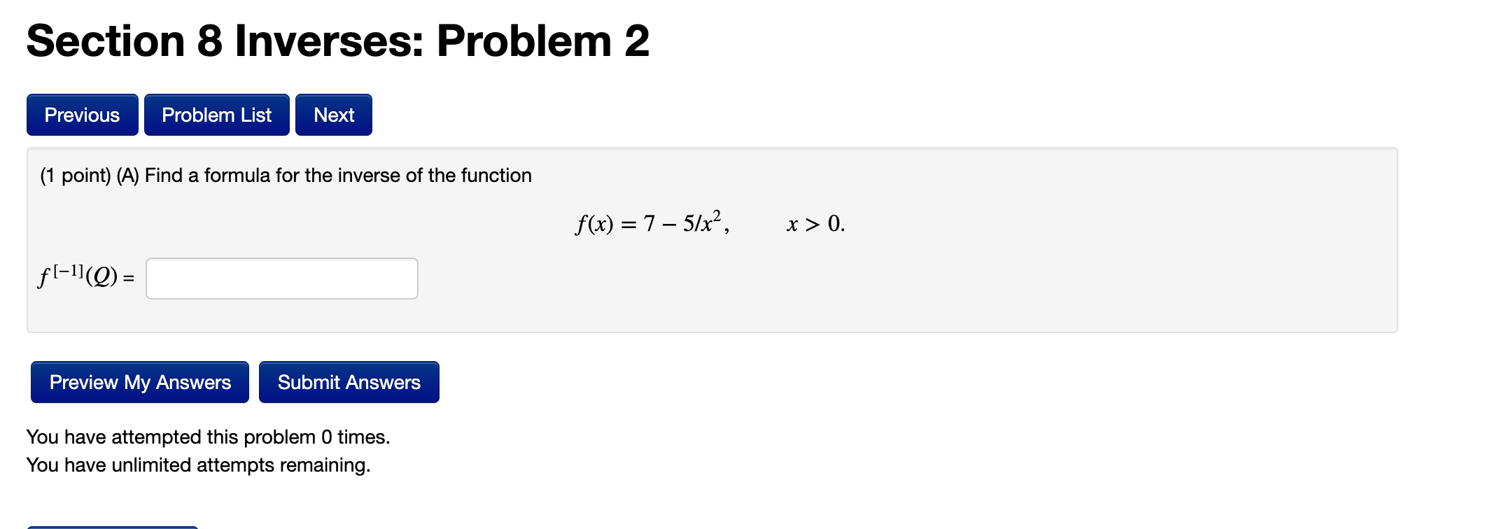 Solved Section 8 Inverses: Problem 2 Previous Problem List | Chegg.com