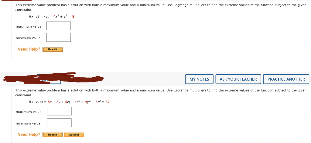 Solved This extreme value problem has a solution with both a | Chegg.com