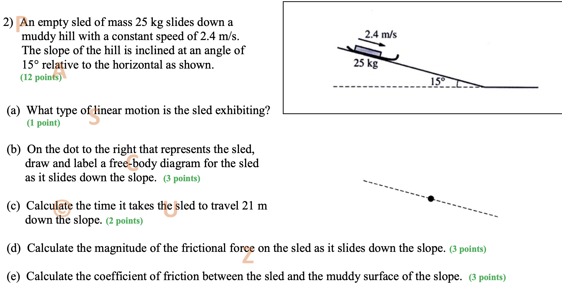 Solved 2.4 m/s 2) An empty sled of mass 25 kg slides down a | Chegg.com