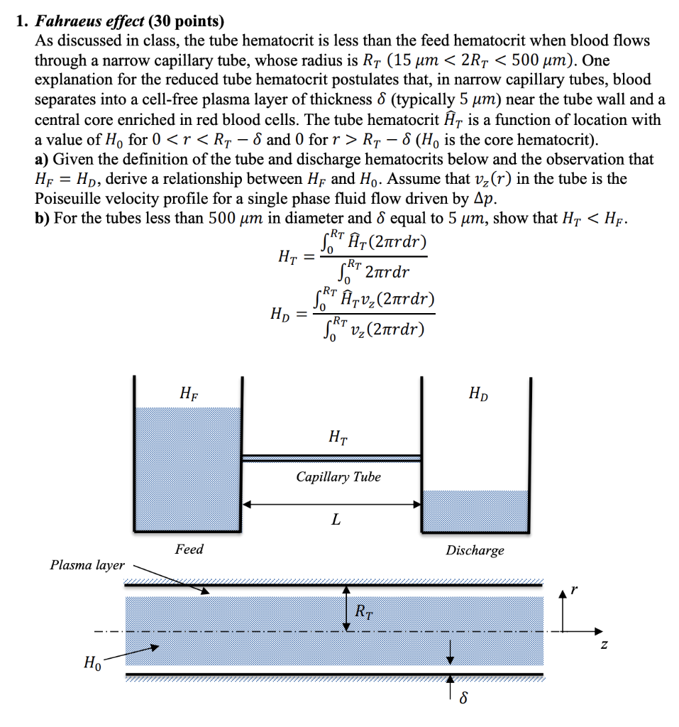 1. Fahraeus effect (30 points) As discussed in class, | Chegg.com