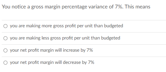 Solved You notice a gross margin percentage variance of 7%. | Chegg.com