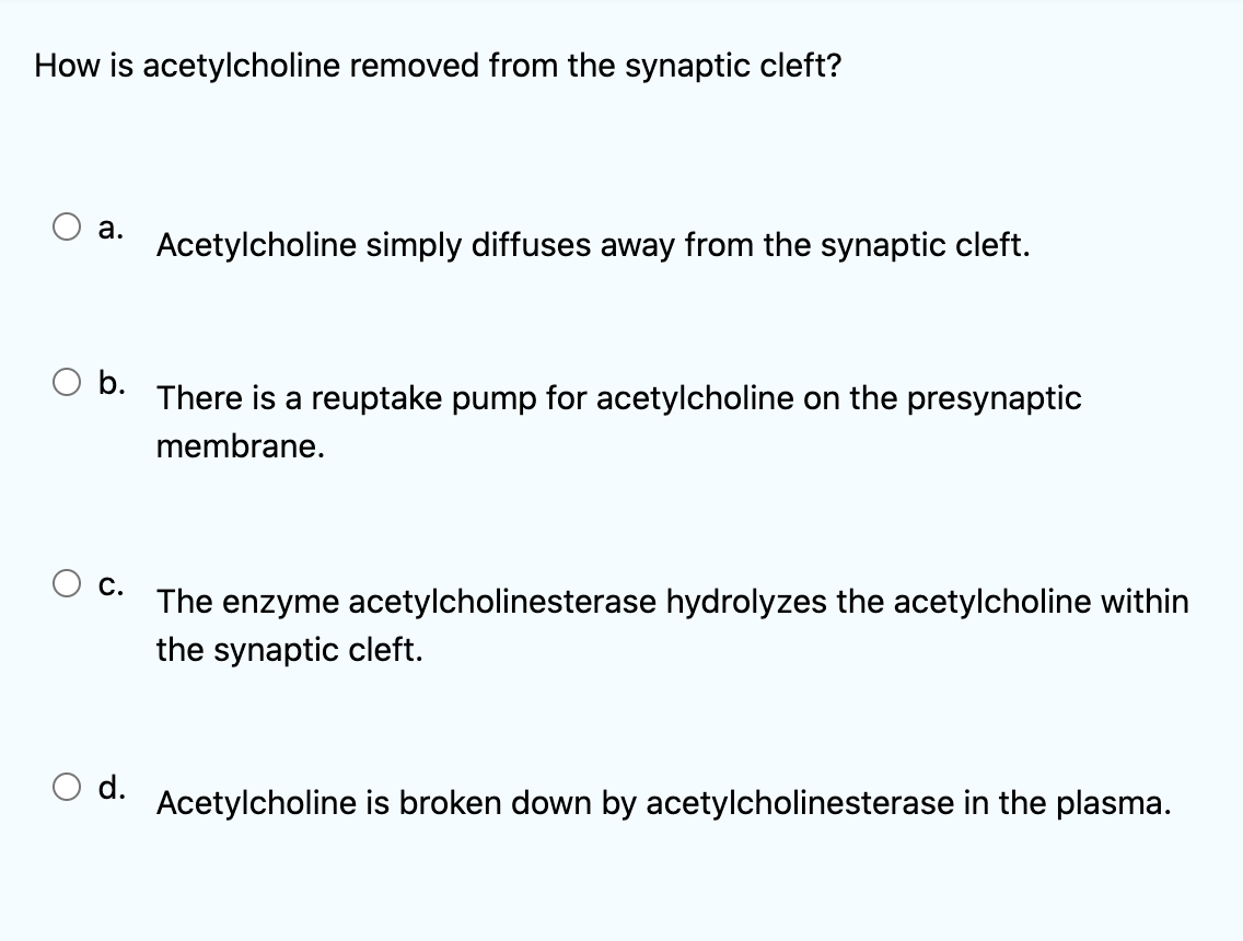 Solved How is acetylcholine removed from the synaptic cleft? | Chegg.com