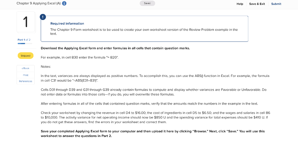 Solved Chapter 9 Applying Excel (A) Saved Help Save & Exit | Chegg.com