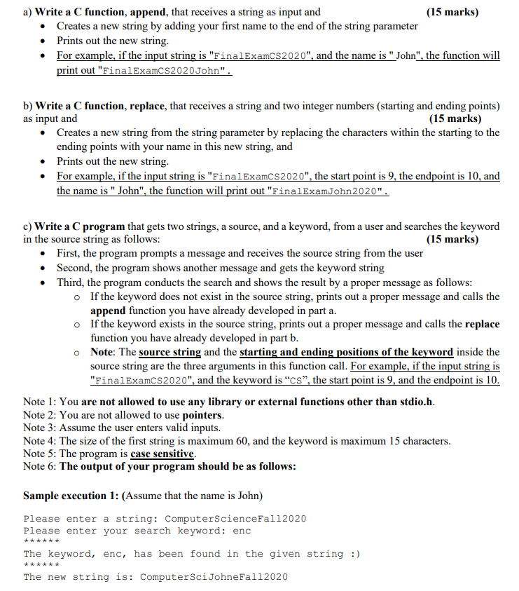 Solved a) Write a C function, append, that receives a string | Chegg.com