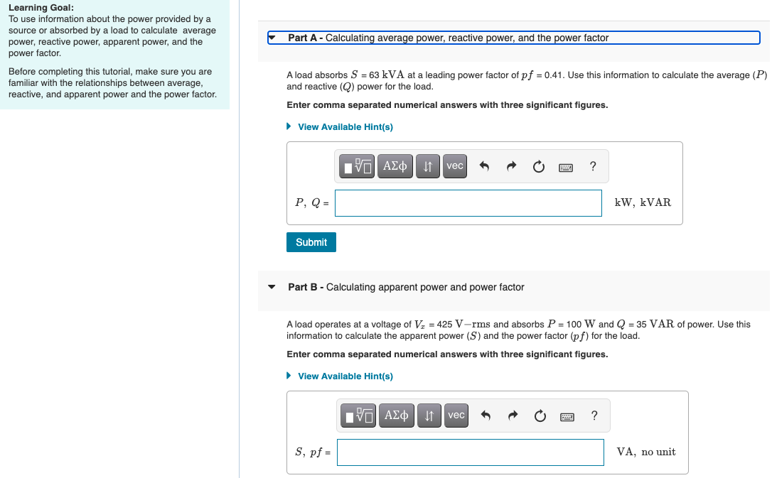Solved Learning Goal: To use information about the power | Chegg.com