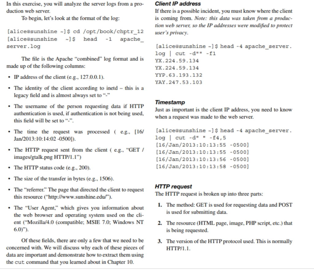 \ [alice@sunshine ~]$ head -4 apache_server. log | | Chegg.com