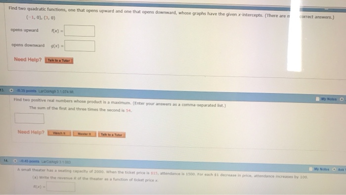 Solved Find two quadratic functions, one that opens upward | Chegg.com